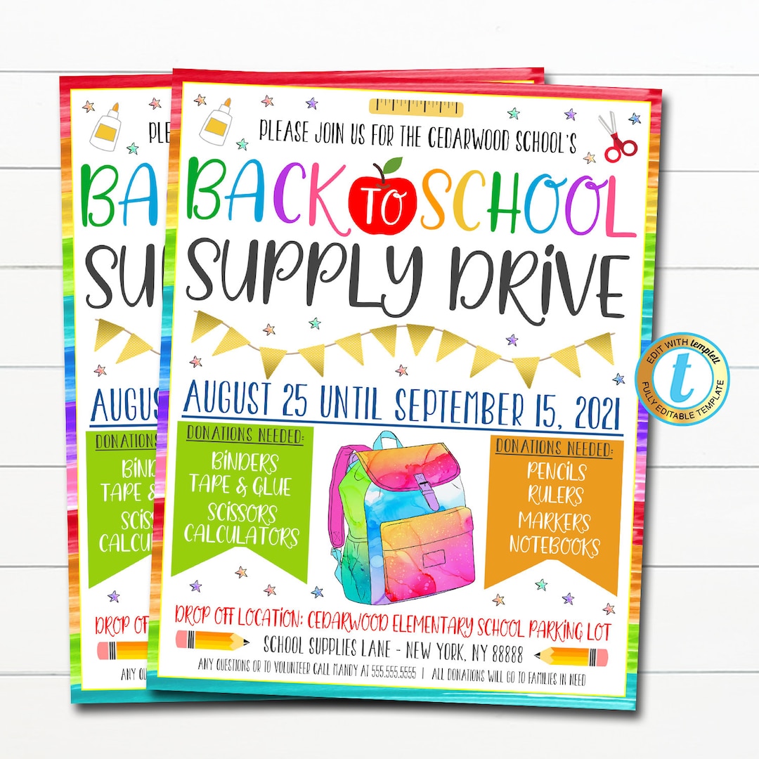 Back to School Supply Drive Flyer School Supply Drive PTO PTA School ...