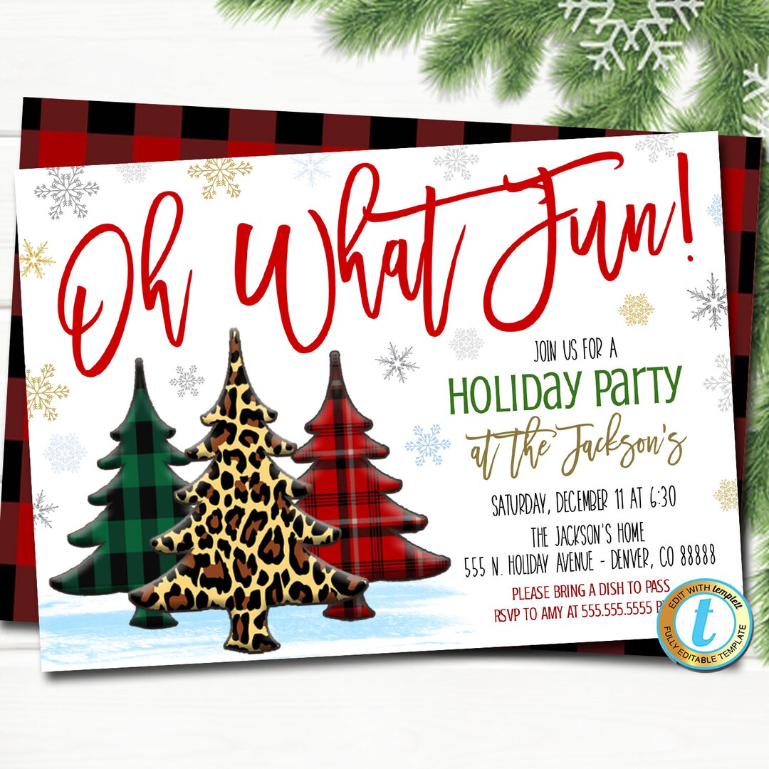 Oh What Fun Christmas Party Invitation Leopard and Buffalo Plaid Rustic ...