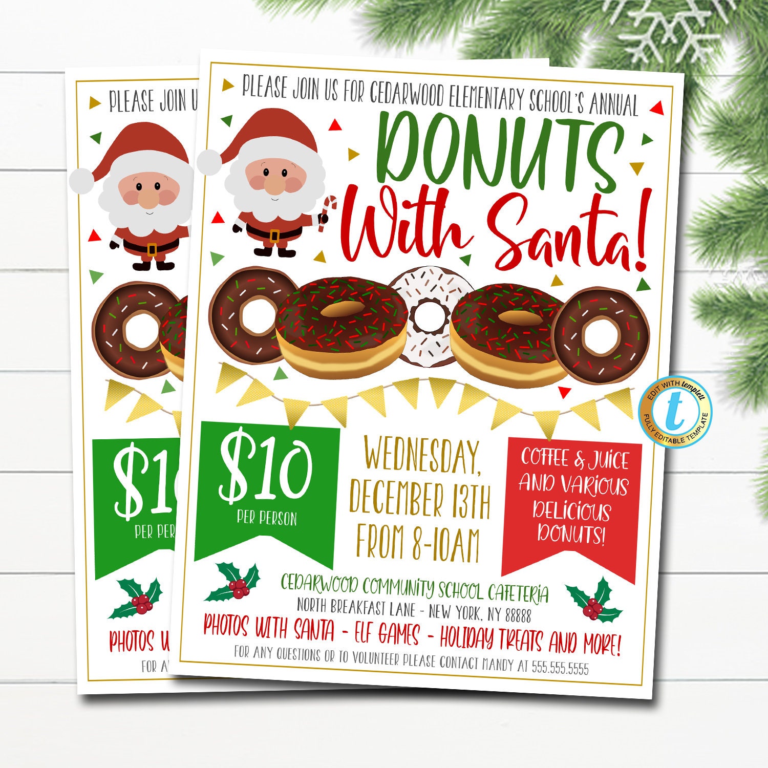 EDITABLE Donuts With Santa Flyer, Breakfast With Santa Invitation Kids ...