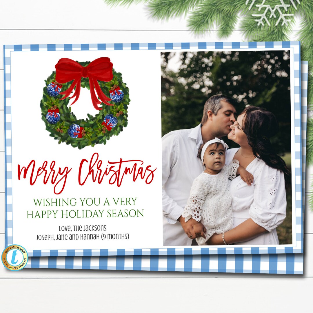 Holiday Photo Card Template, Christmas Preppy Blue and White Ginger Jar ...