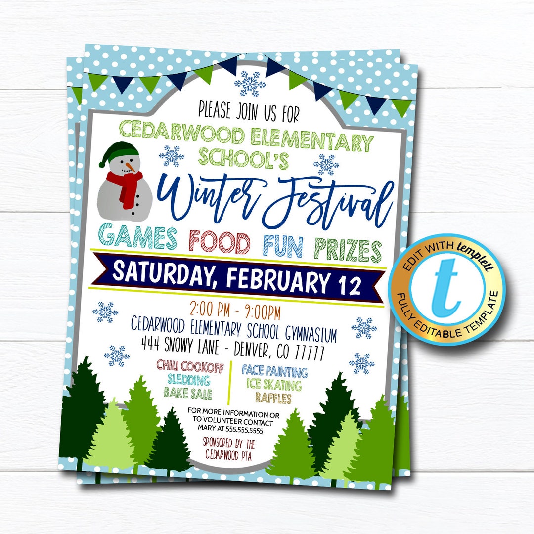 Winter Festival Flyer, Holiday Snowman Invitation, School Church Pto ...