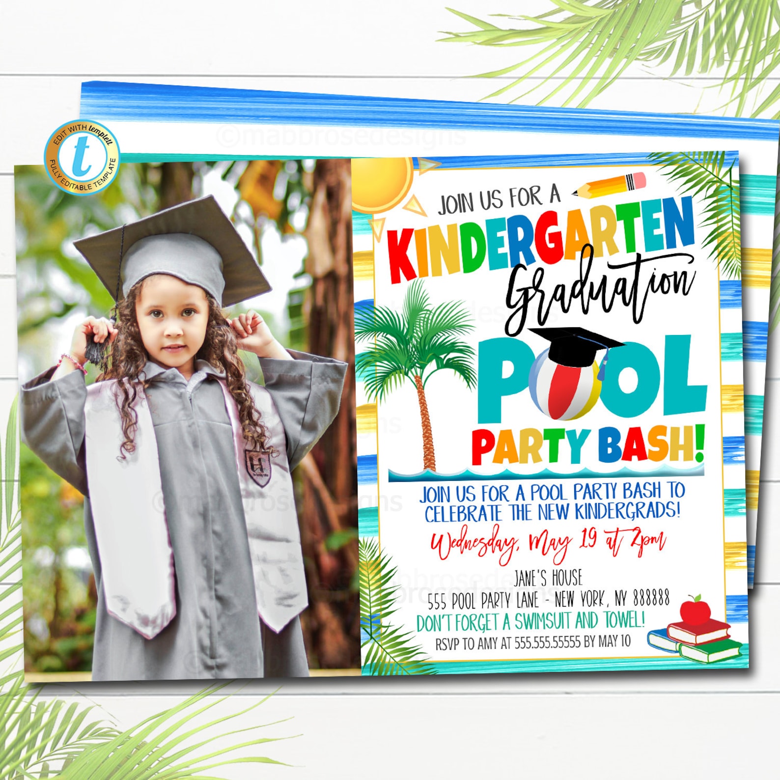 Editable Pool Party Graduation Invitation, Preschool Pre K Kindergarten ...