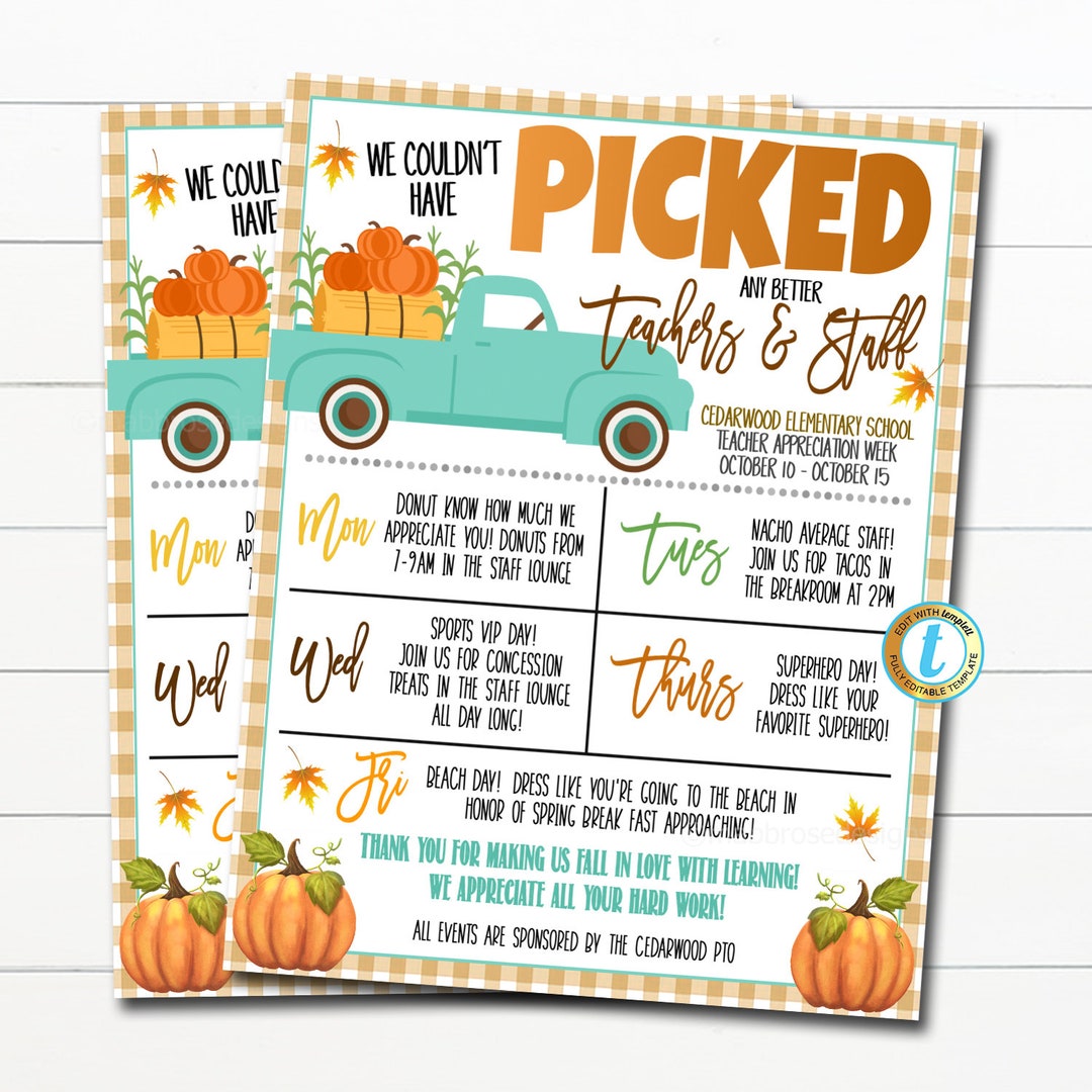 Fall Teacher Appreciation Week Itinerary Schedule, Events Calendar ...