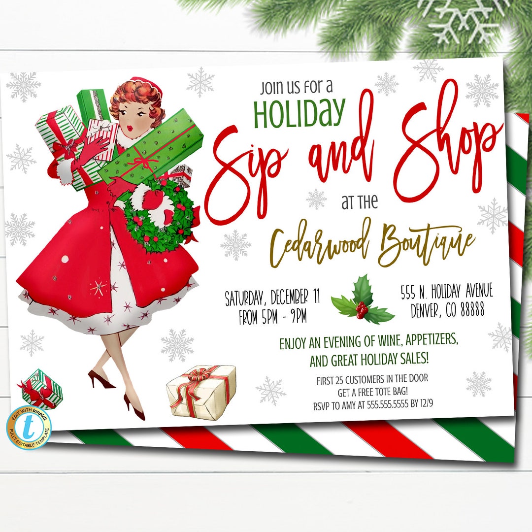Holiday Sip and Shop Invitation, Christmas Boutique Shopping Event ...