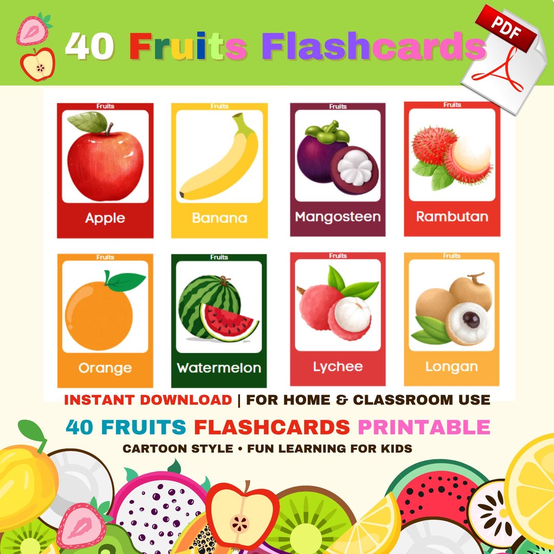 40 Fruits Flashcards for Kids – Printable Vocabulary Cards | Preschool ...
