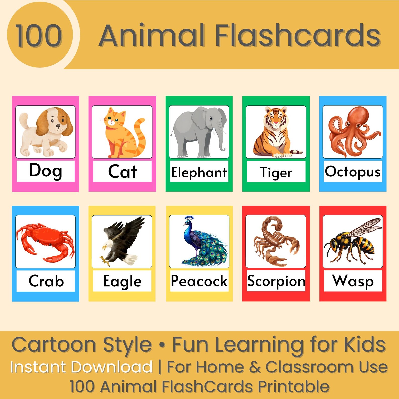 100 Animal Flashcards for Kids – Printable Vocabulary Cards | Preschool ...