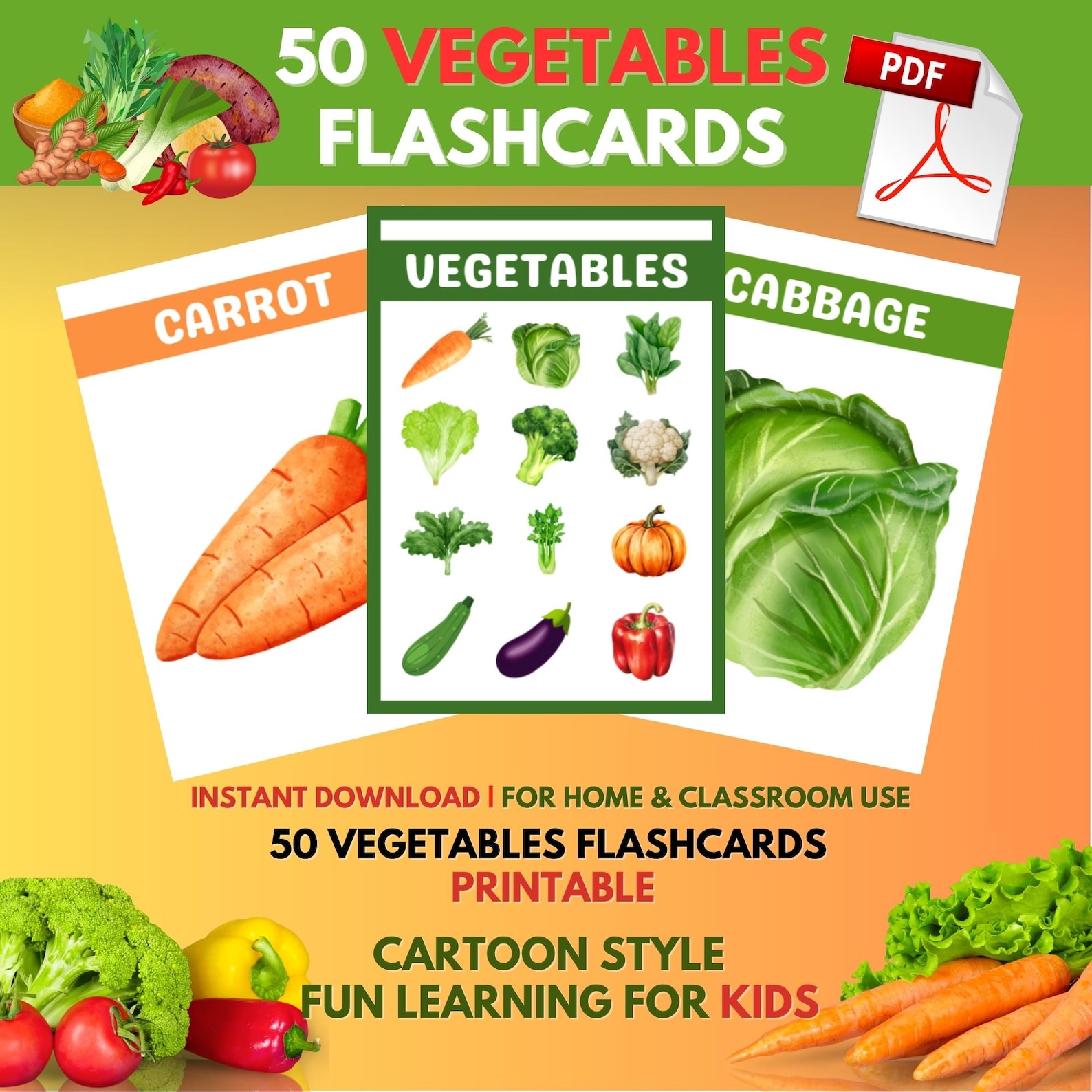 50 Vegetables Flashcards for Kids – Printable Vocabulary Cards for ...