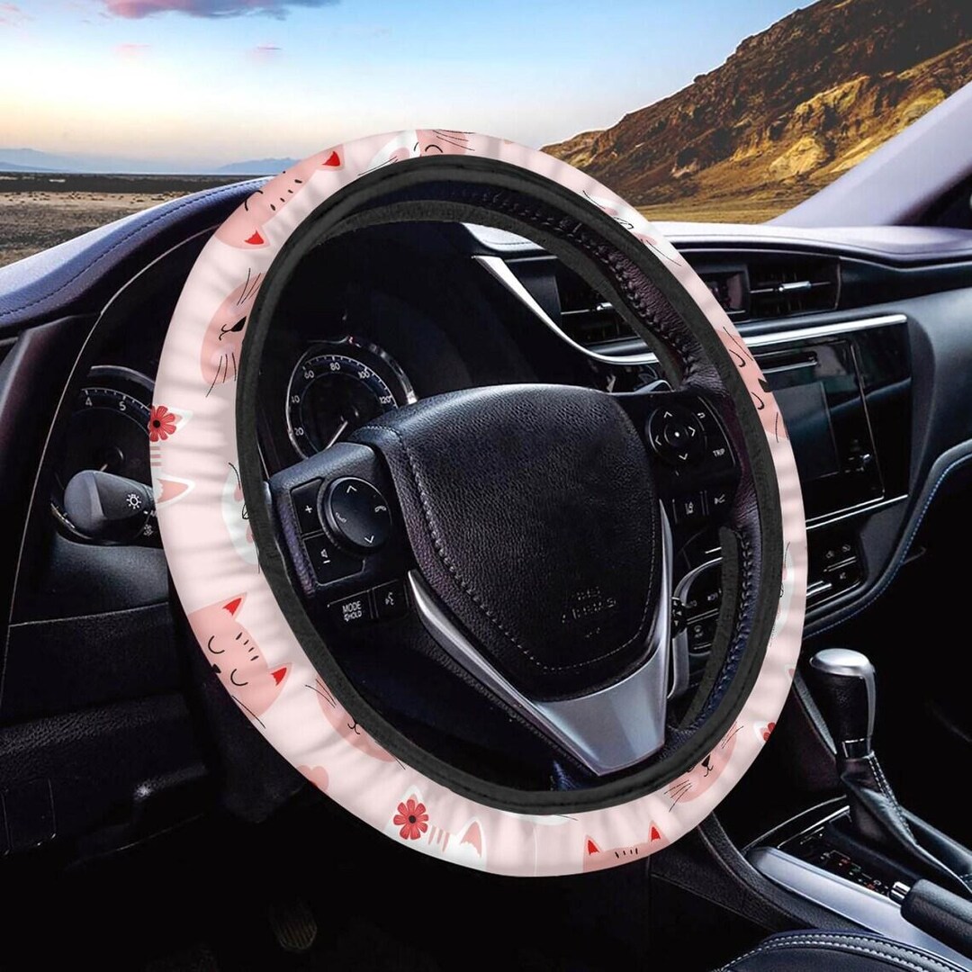 Abstract Pink & White Cat Steering Wheel Cover | Kawaii Car Decor ...