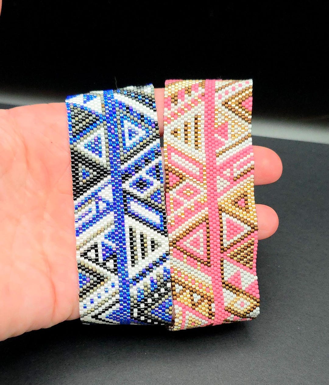 Handwoven Geometric Beaded Cuff Bracelet | Pink/gold, Blue/silver - Etsy