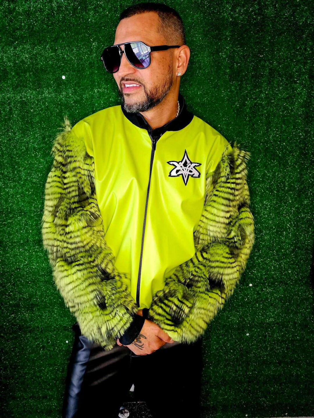 Neon Green Zip Jacket With Porcupine Fur Sleeves / VMS Couture ...