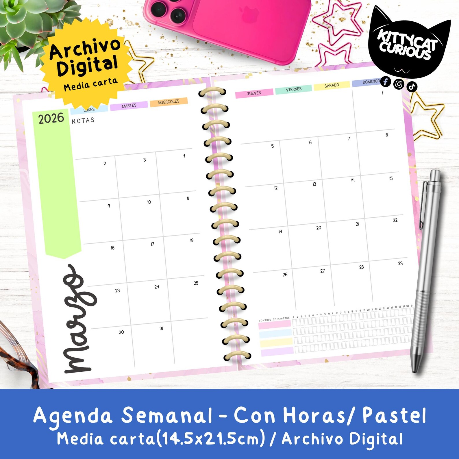Archivo Digital Imprimible- Agenda PASTEL 2026 Vista semanal Con ...
