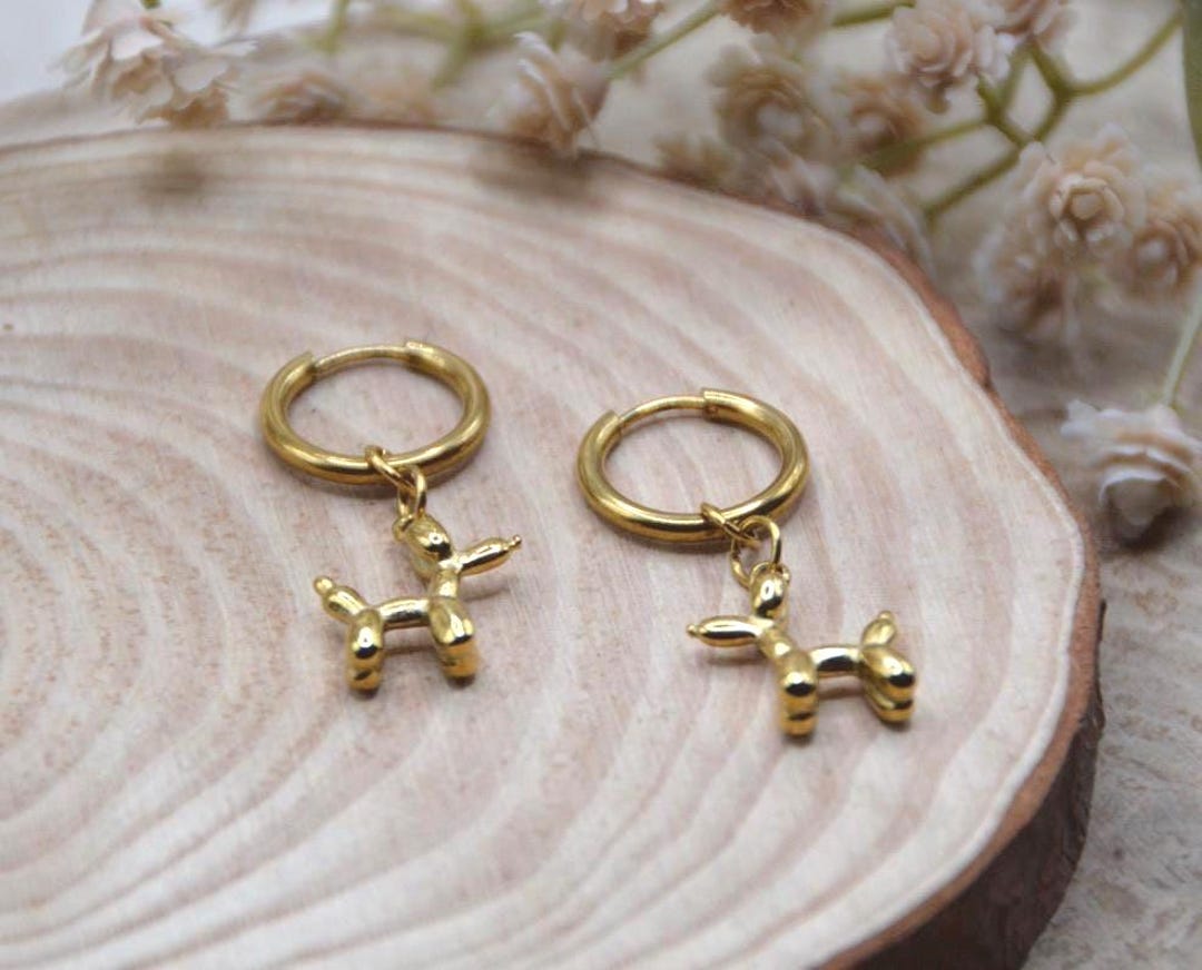 Balloon Dog Dangle Huggie Hoop Earrings Earrings 18k Gold PVD Stainless ...