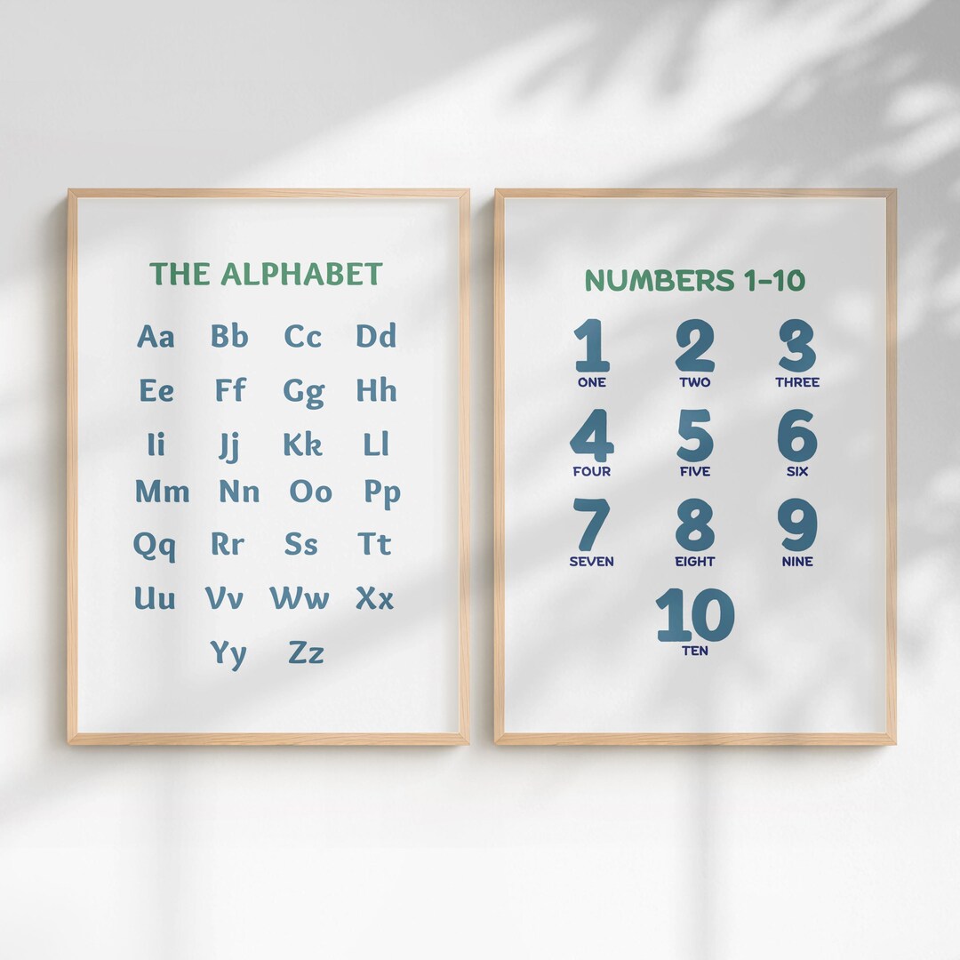 Alphabet and Numbers Poster Set in Soft Blue | Minimalist Nursery Wall ...