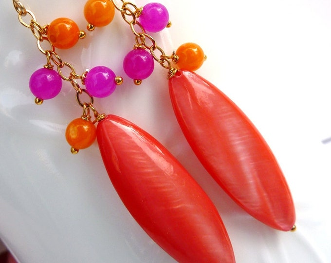 Bright Pink & Mandarin Drop Earrings. Dangling Mother of Pearl - Etsy