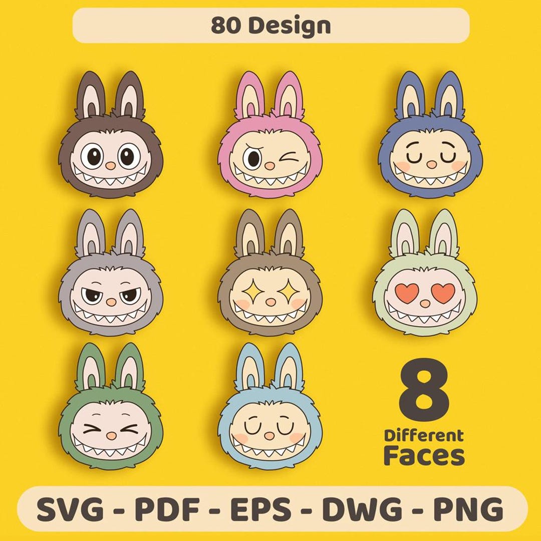 Kawaii Labubu Faces Vector Designs: SVG, PDF, PNG Bundle (digital ...