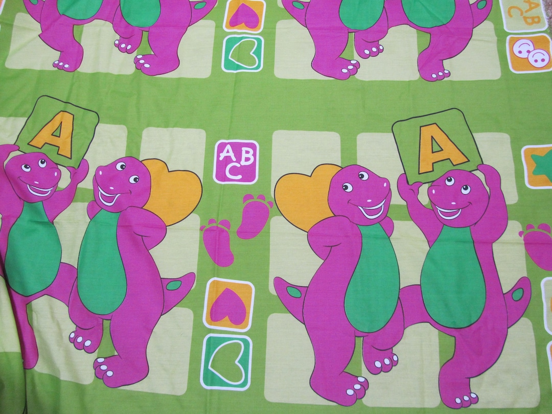 VERY RARE BARNEY Fabric Lime Green Background 70" X 49" Wide 90's ...