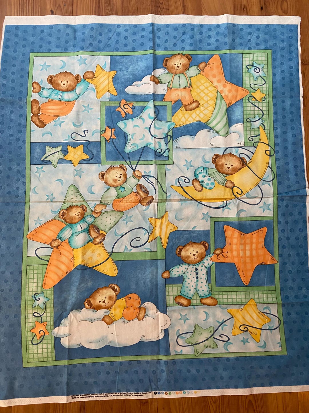 LESLIE BECK Bears and Stars Baby Quilt Flannel Fabric Panel Extremely ...