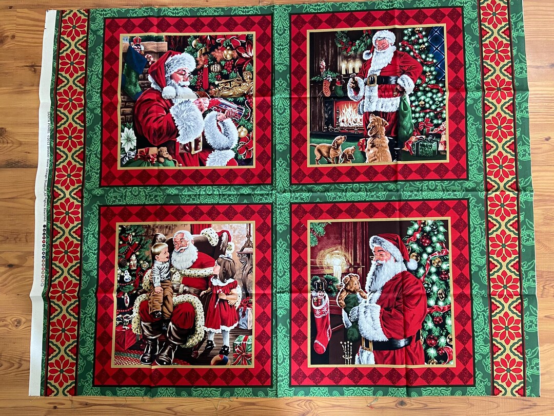 SANTA PANEL QUILT Squares Nostalgic Old Fashioned Christmas Pillow ...