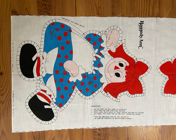 RAGGEDY ANN DOLL Cotton Fabric Panel by Spring Mills From 1978 17-1/2 X ...