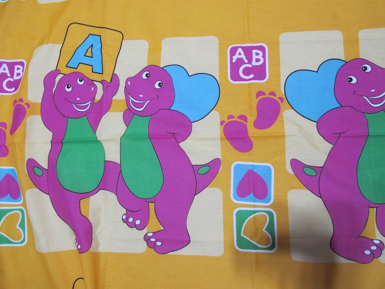 VERY RARE BARNEY Fabric Sunshine Yellow Background 69" X 49" Wide 90's ...