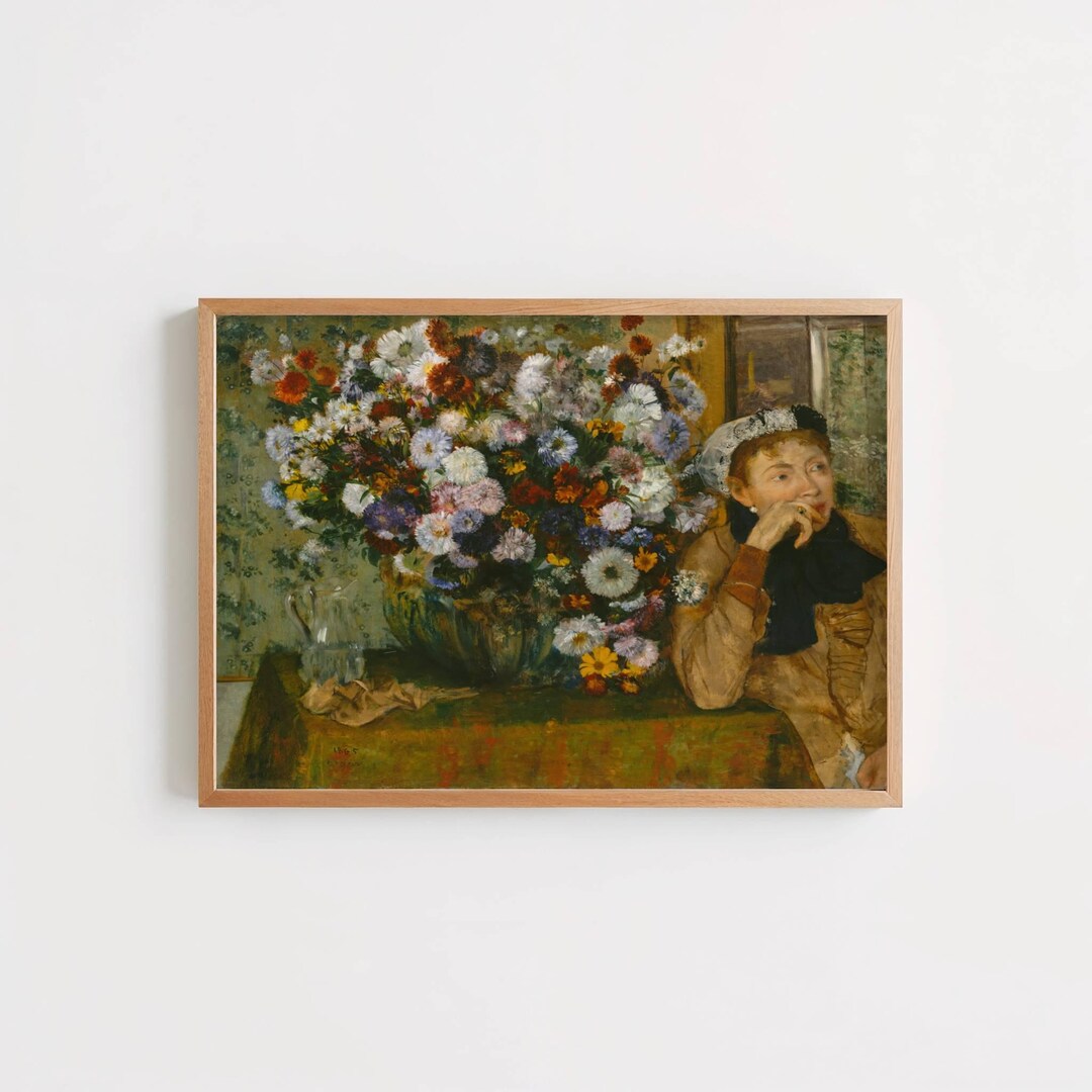 A Woman Seated Beside a Vase of Flowers by Edgar Degas: Floral Interior ...