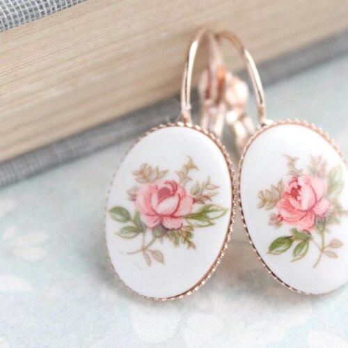 Red Rose Earrings Vintage Style Leverback Drops Romantic | Etsy