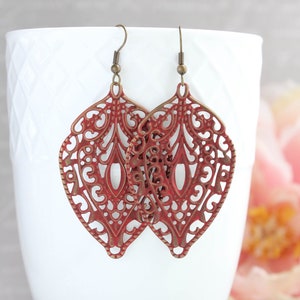 Rust Red Earrings Red Patina Big Filigree Earrings Long Earrings Boho ...