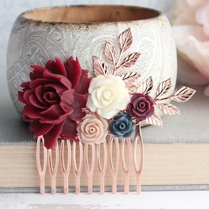 Deep Red Rose Comb Floral Hair Comb Rose Gold Leaves - Etsy