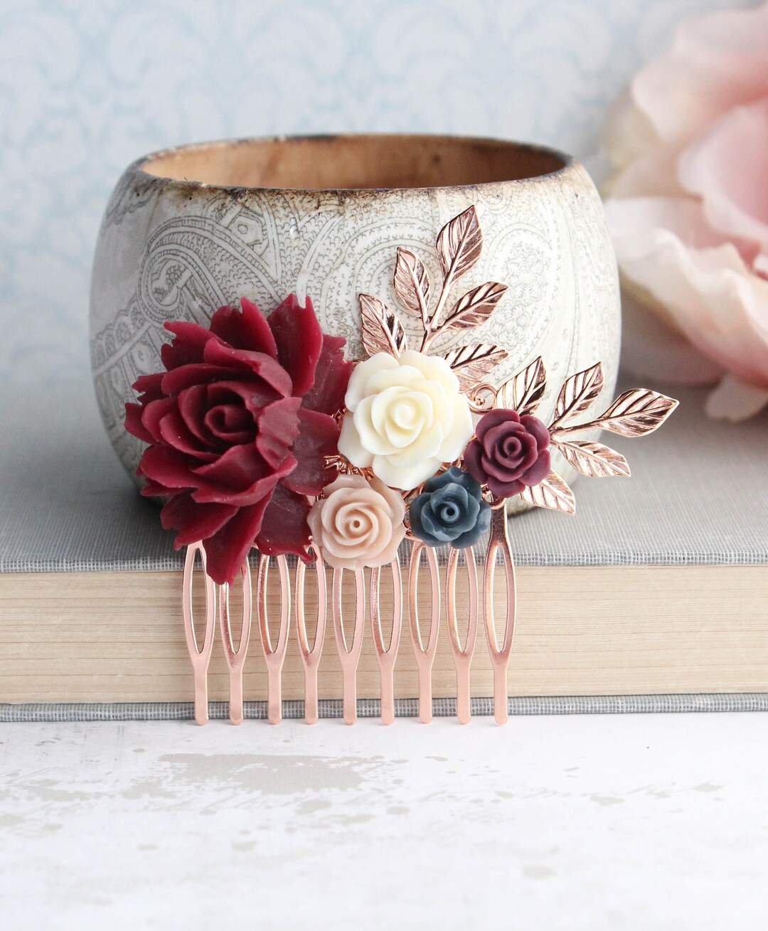 Deep Red Rose Comb Floral Hair Comb Rose Gold Leaves - Etsy