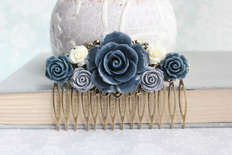 Grey Rose Hair Comb Navy Blue Rose Floral Collage Comb | Etsy