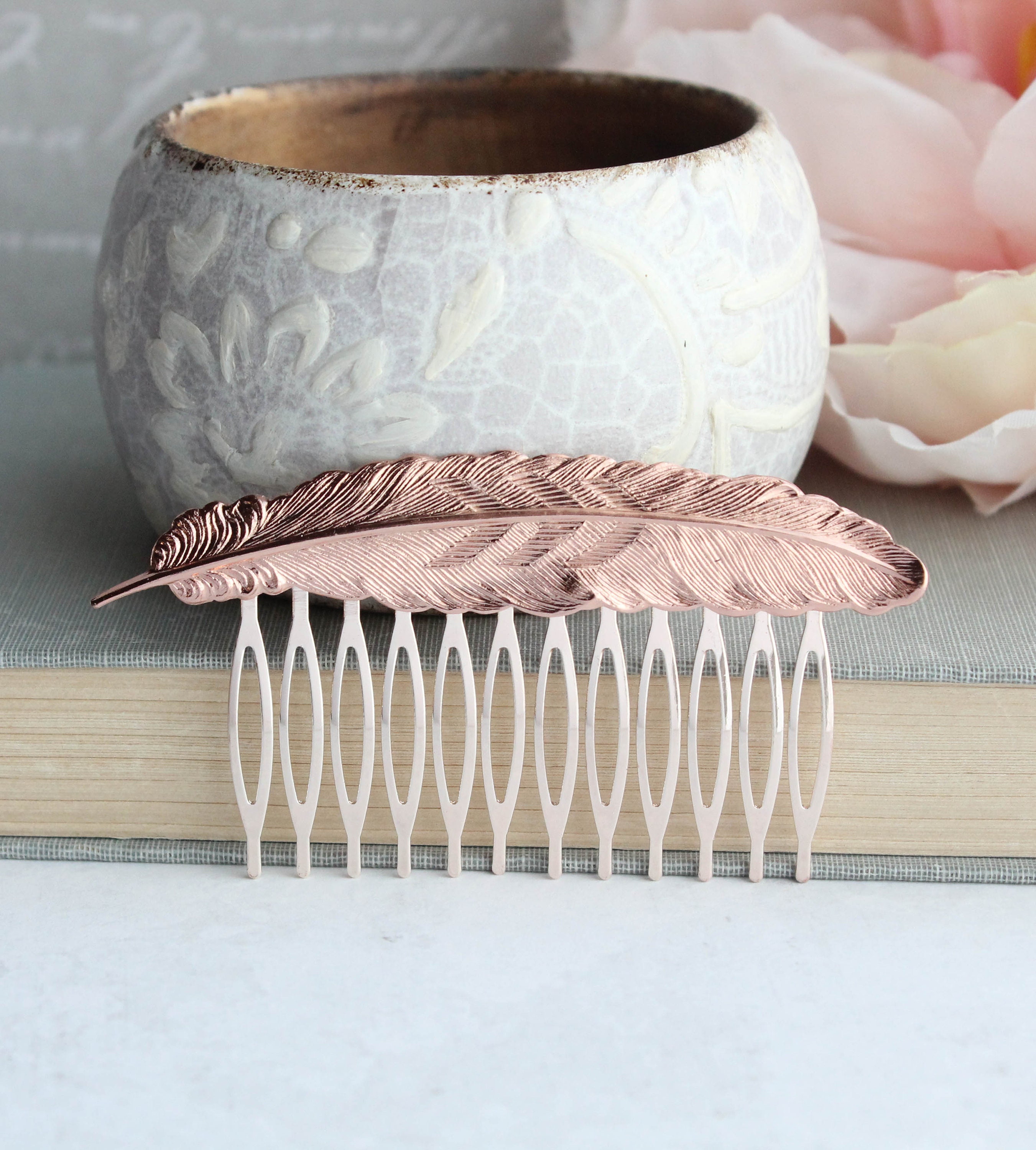 Feather Hair Comb (5 Metal Options) Rose Gold Comb, Nature Wedding ...