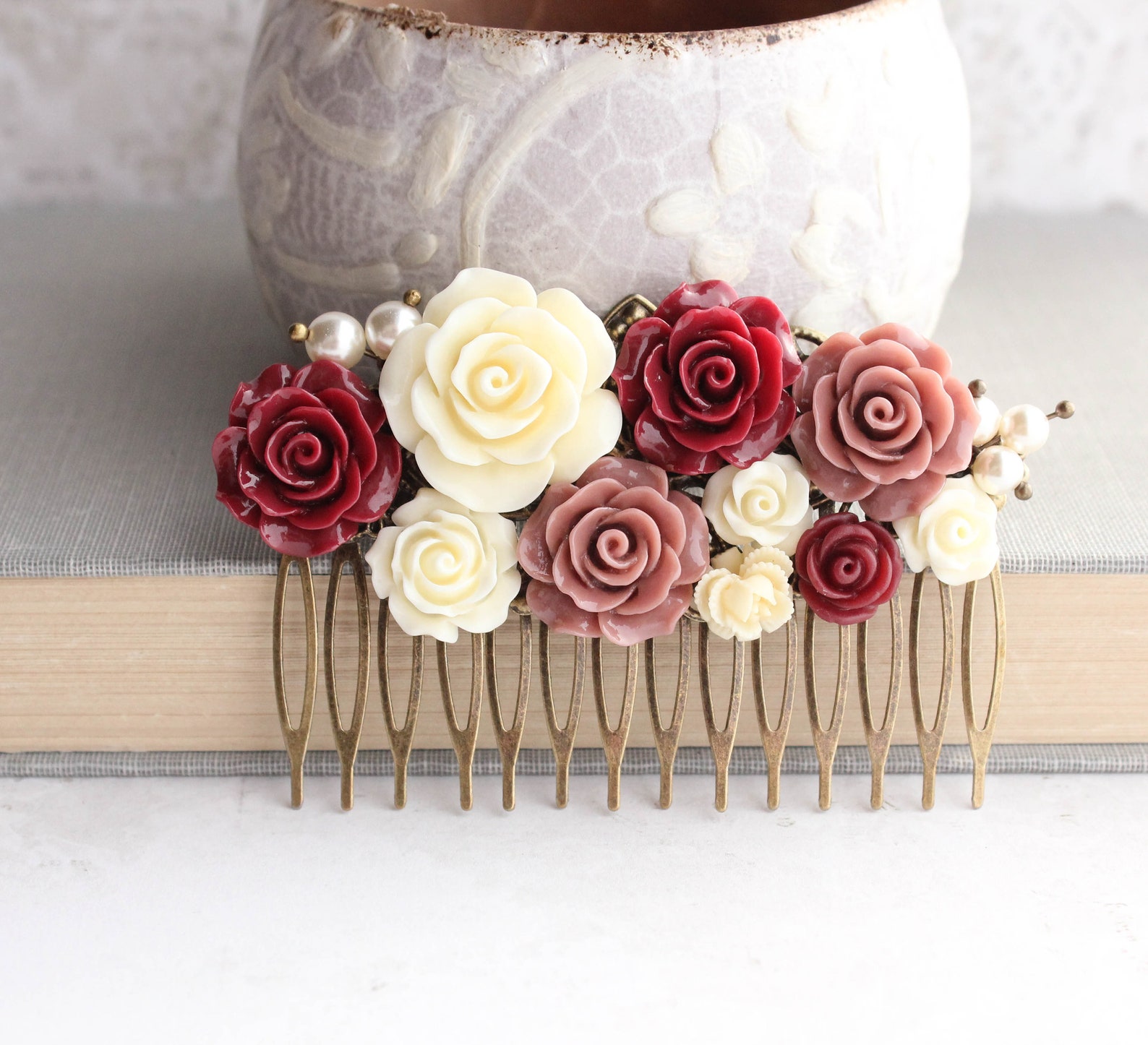 Dark Red Hair Comb, Rose Hair Piece, Dusty Rose Wedding, Ivory Cream ...