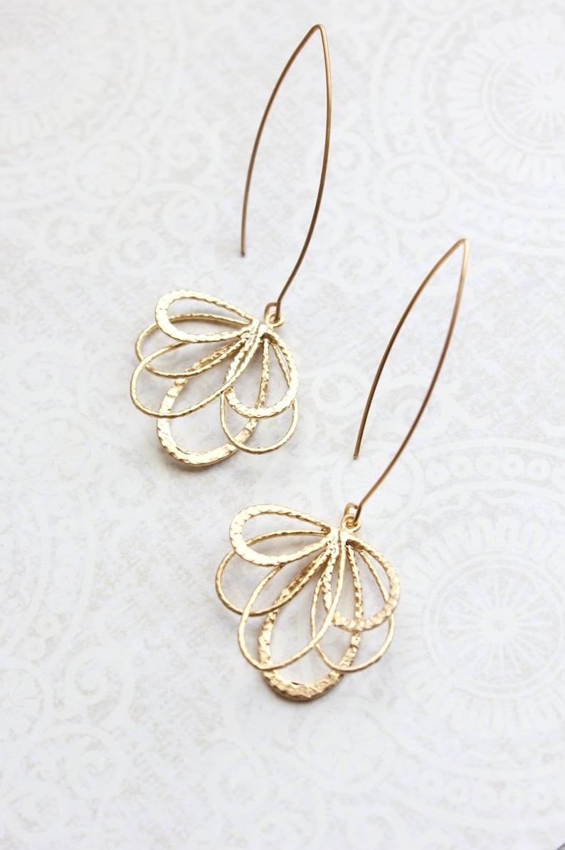 Long Gold Earrings Gold Dangle Modern Abstract Floral Filigree Earrings ...