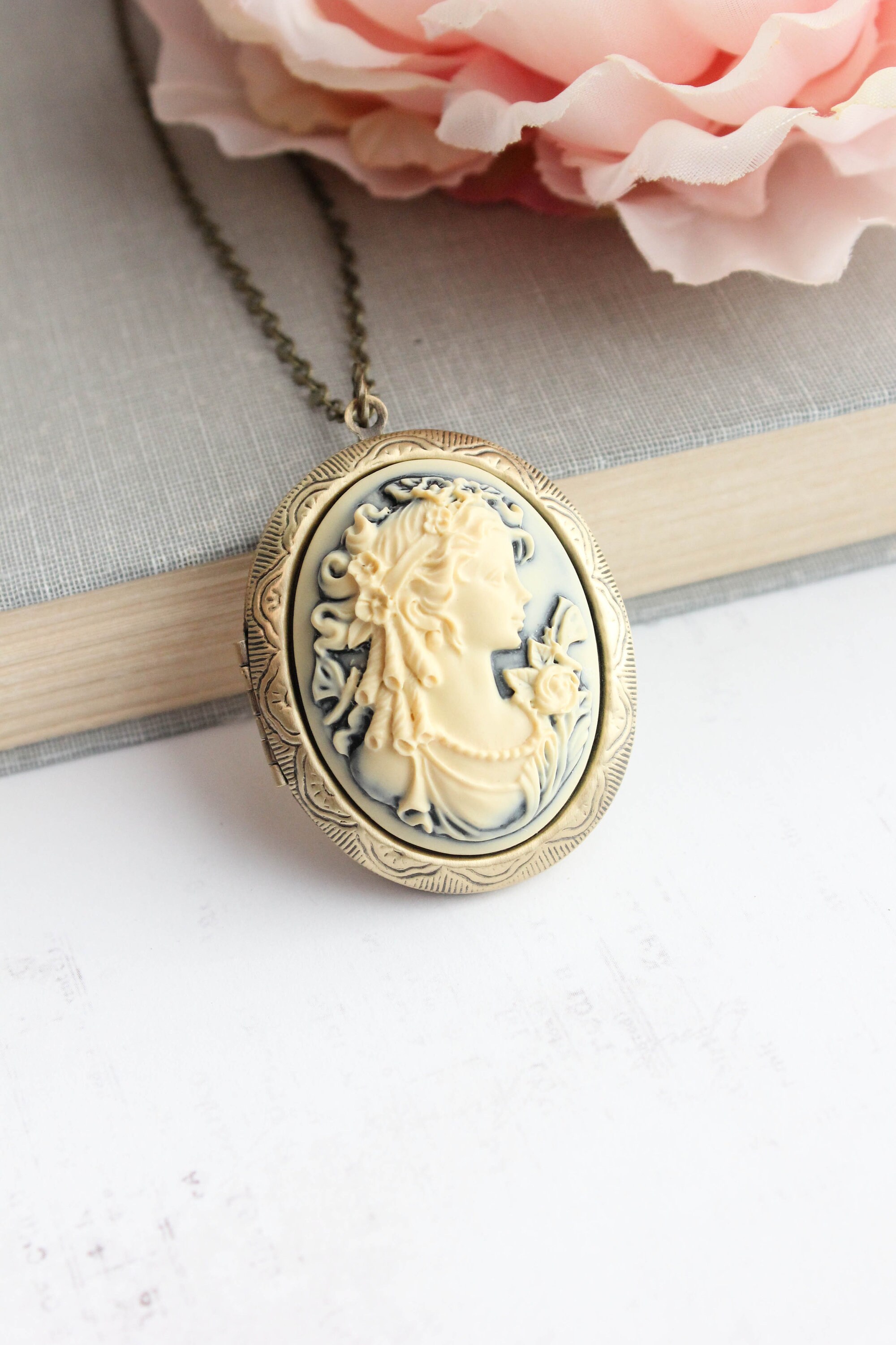 Large Locket Necklace, Photo Locket, Big Cameo Pendant, Cream Lady on ...