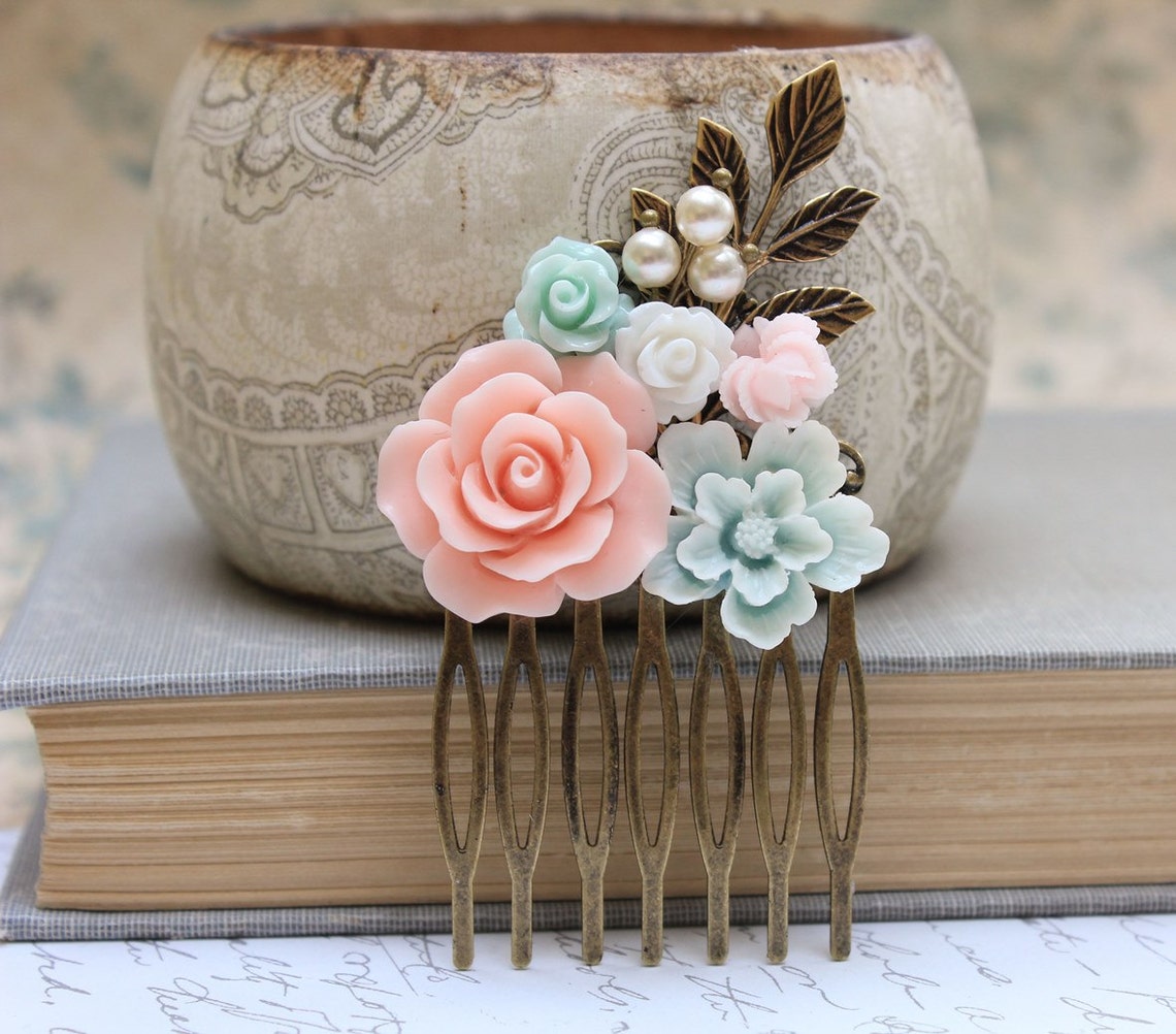Romantic Bridal Hair Comb Pink and Aqua Floral Collage Comb - Etsy