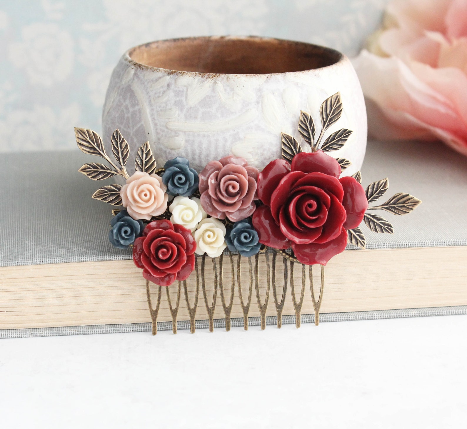 Red Rose Hair Comb Bridal Hair Comb Floral Hair Piece Deep | Etsy