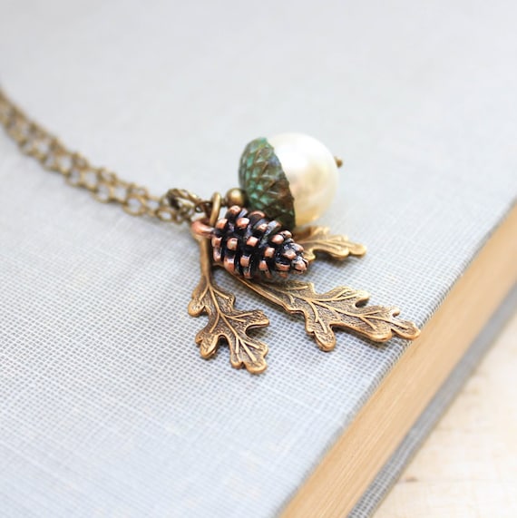 Pearl Acorn Neckace Rustic Nature Necklace Woodland Charms | Etsy