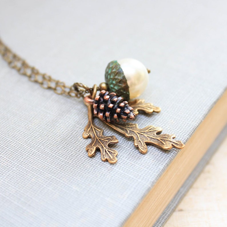 Pearl Acorn Neckace Rustic Nature Necklace Woodland Charms | Etsy