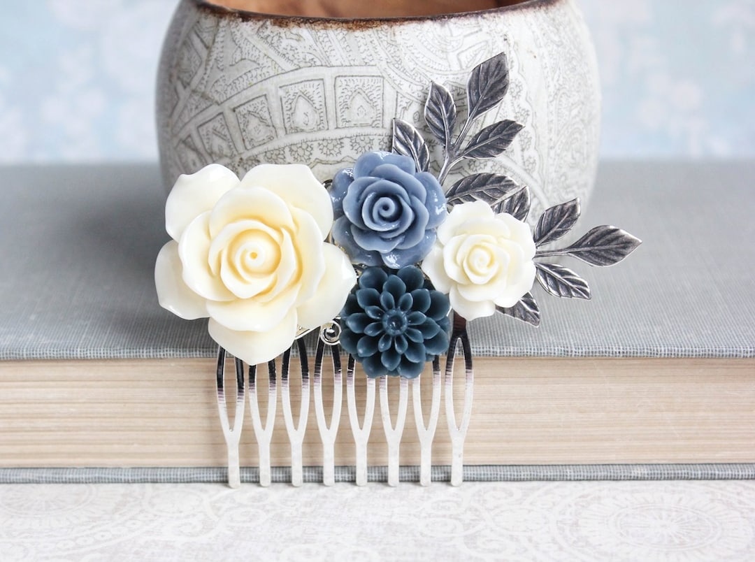 Rose Hair Comb Floral Hair Piece Something Blue Navy and - Etsy
