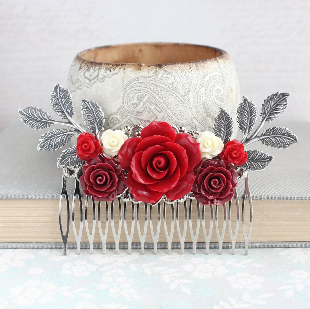 Dark Red Rose Hair Comb Rustic Silver Branches Deep Red Rose Big Floral ...