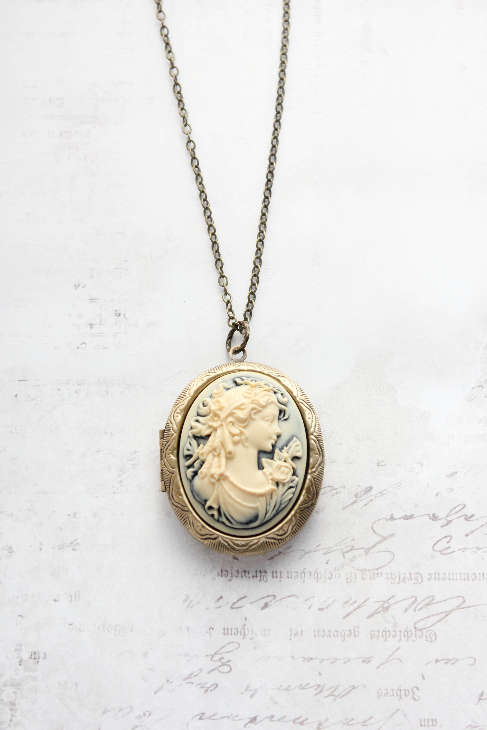 Large Locket Necklace, Photo Locket, Big Cameo Pendant, Cream Lady on ...