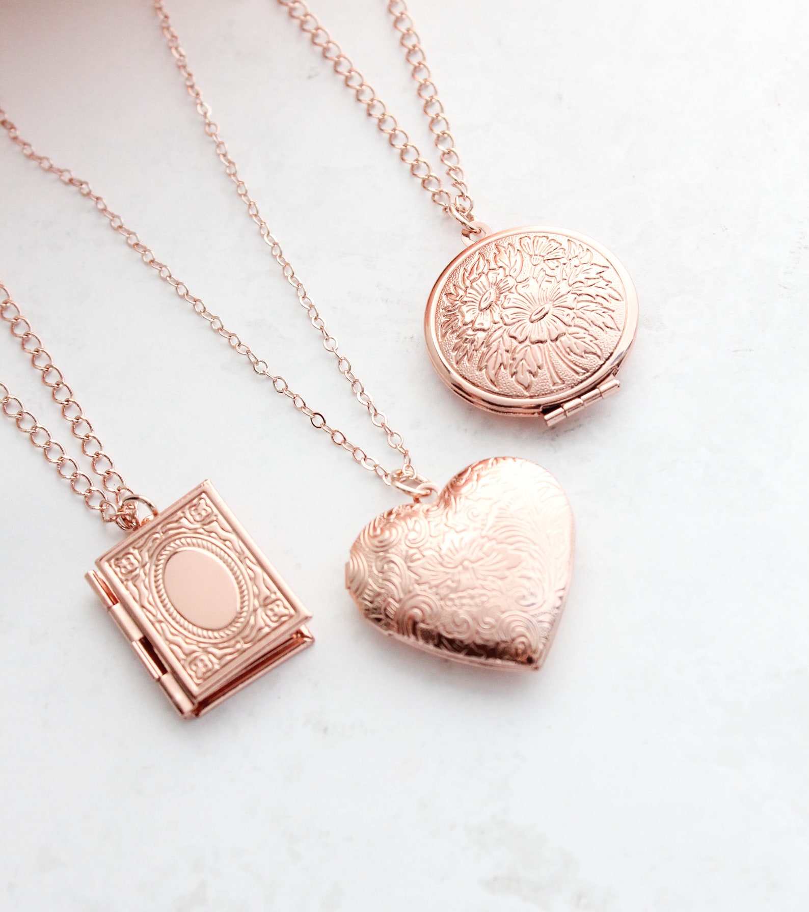 Rose Gold Locket Necklace, Heart Locket, Photo Locket Pendant, Etched ...