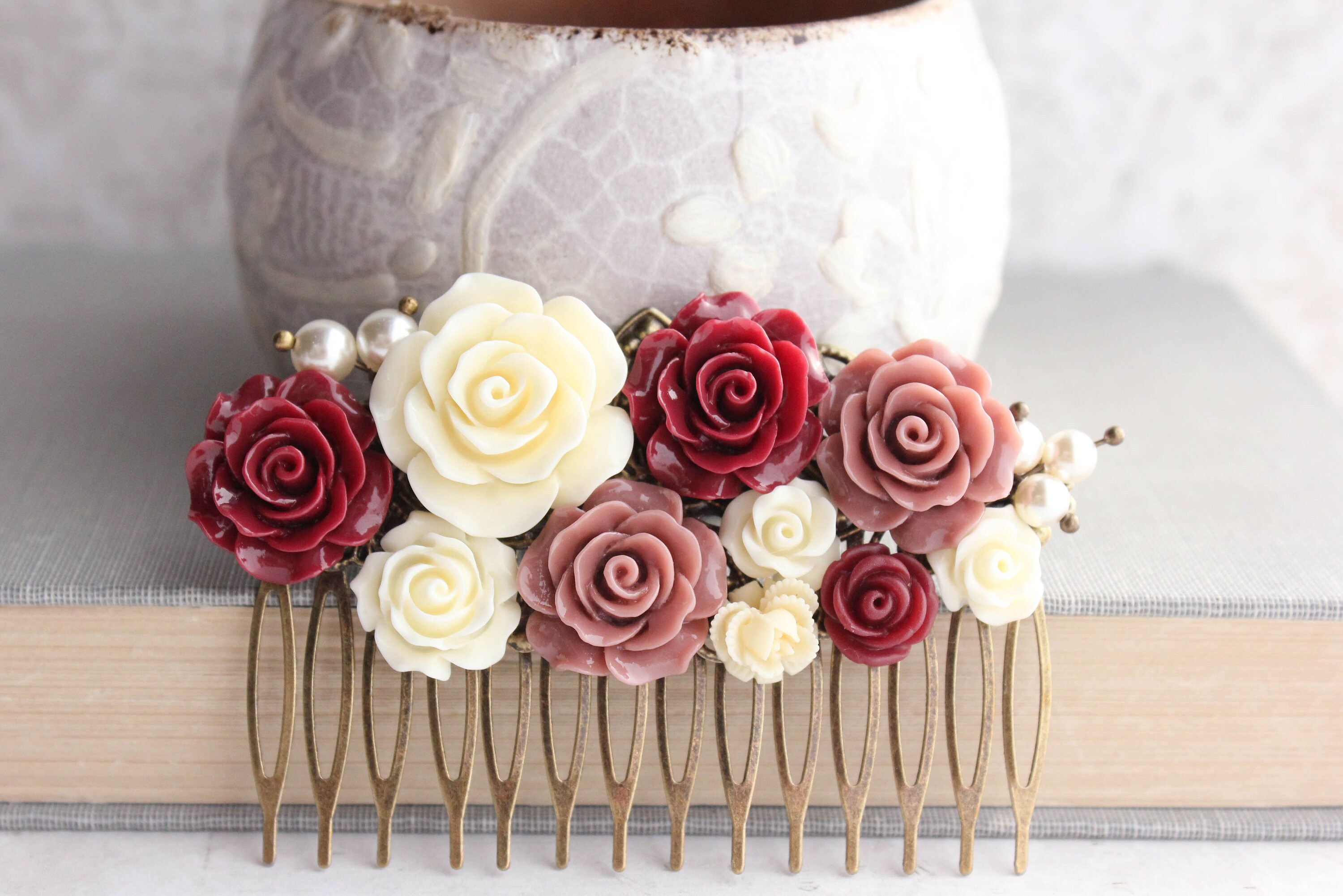 Dark Red Hair Comb, Rose Hair Piece, Dusty Rose Wedding, Ivory Cream ...