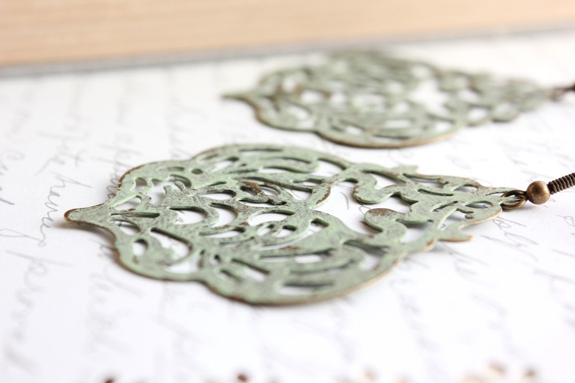 Large Filigree Earrings Light Sage Green Patina Earrings Big | Etsy