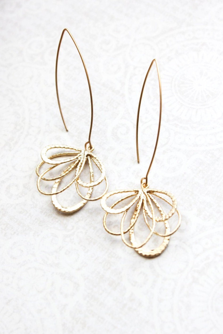 Long Gold Earrings Gold Dangle Modern Abstract Floral Filigree Earrings ...