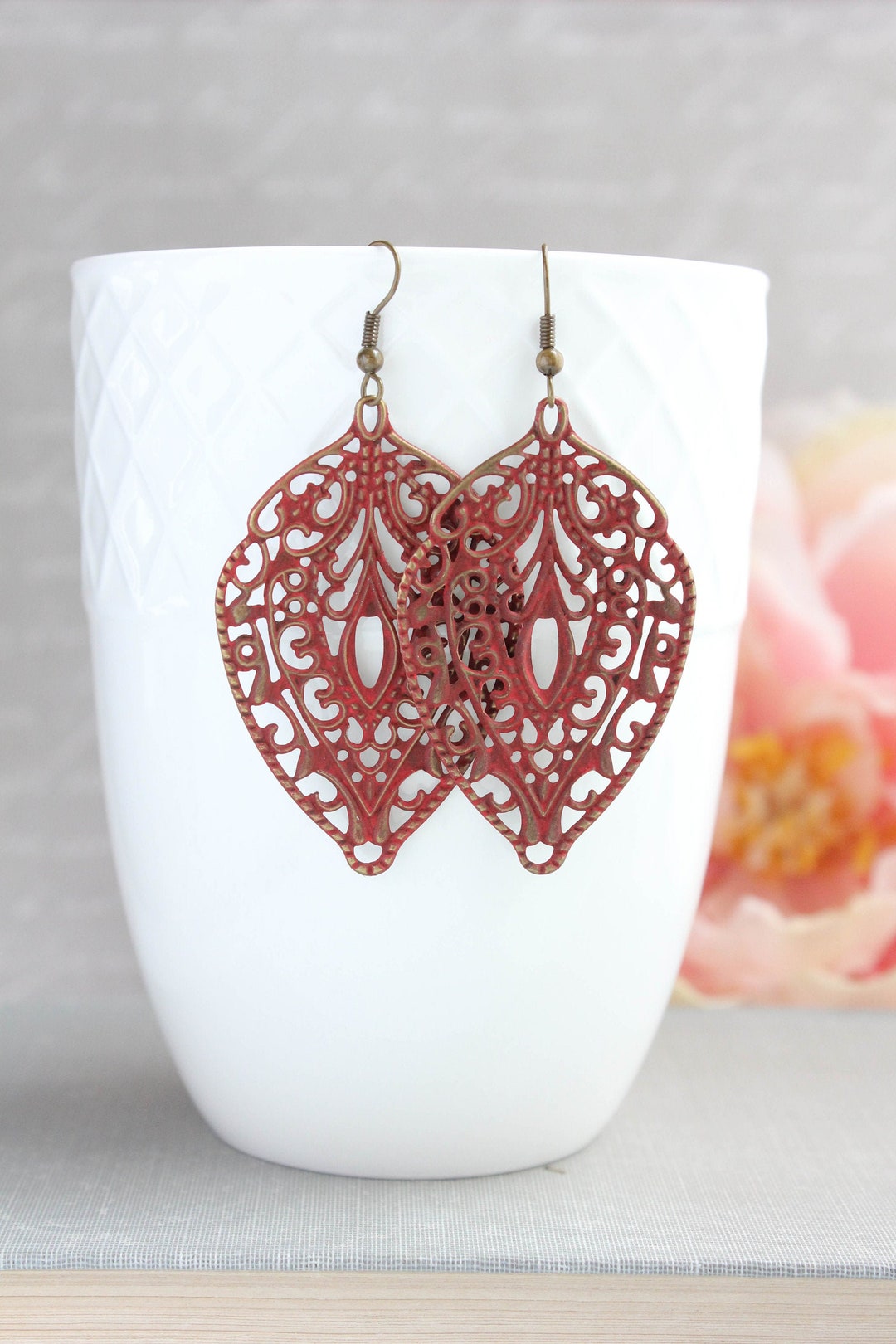 Rust Red Earrings Red Patina Big Filigree Earrings Long Earrings Boho ...