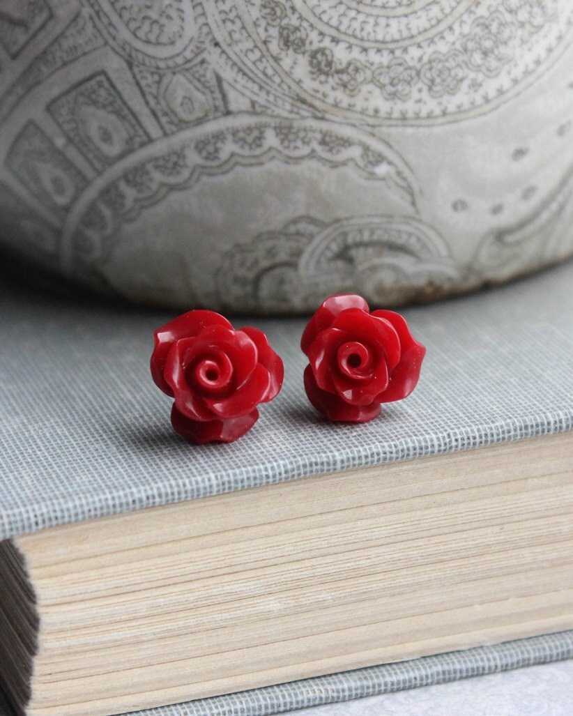 Dark Red Rose Stud Earrings Flower Earrings Tiny Rose Stud - Etsy