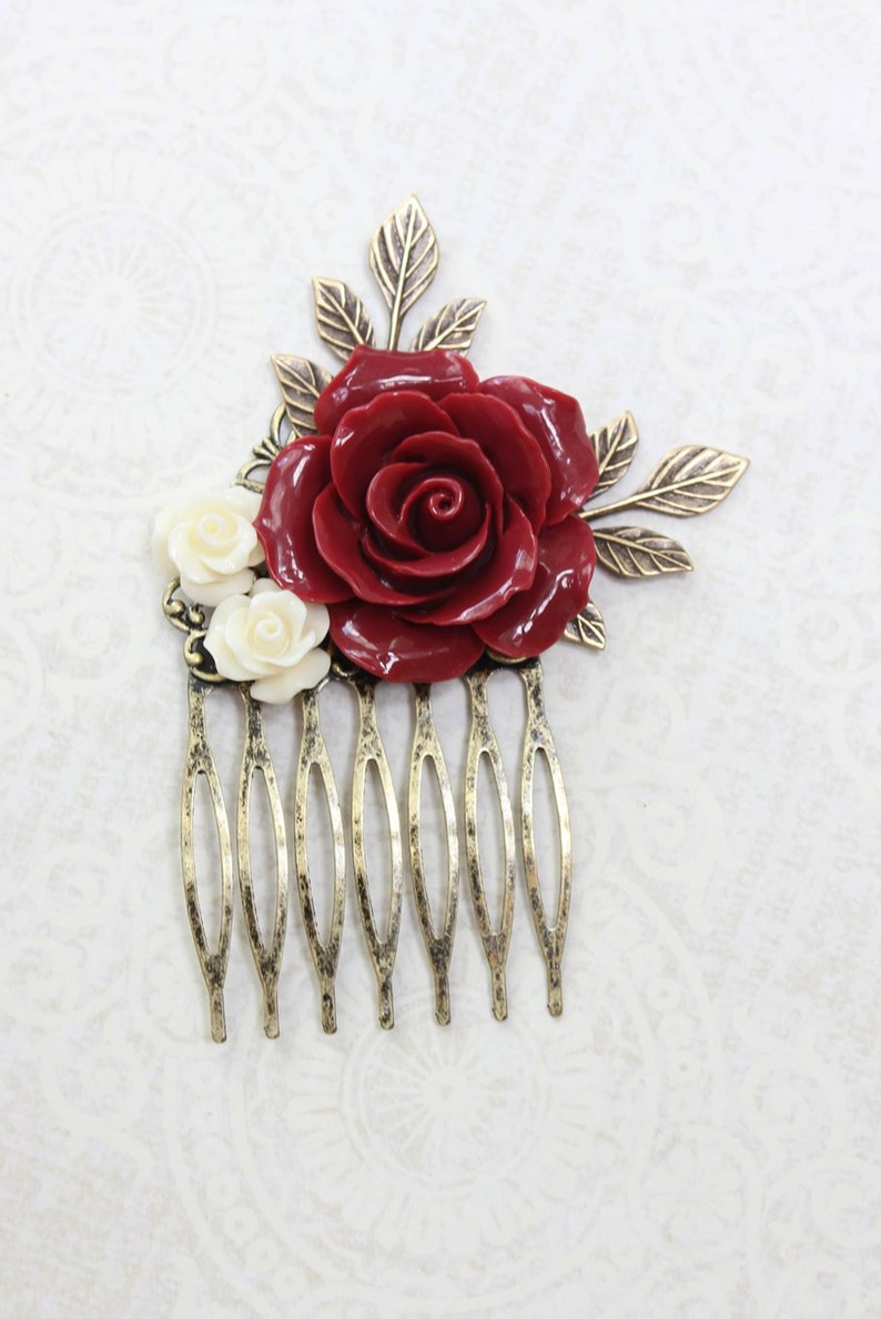 Red Rose Comb Floral Collage Hair Accessories Cream Rose Dark Red ...