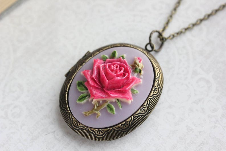 Big Locket Necklace Photo Locket Pendant Fuchsia Pink Rose | Etsy