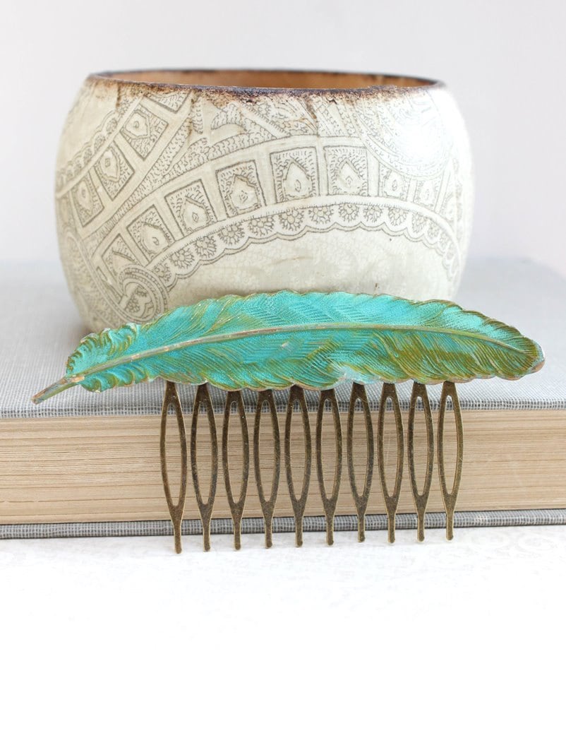 Big Feather Hair Comb Teal Verdigris Patina Woodland Wedding Bird ...